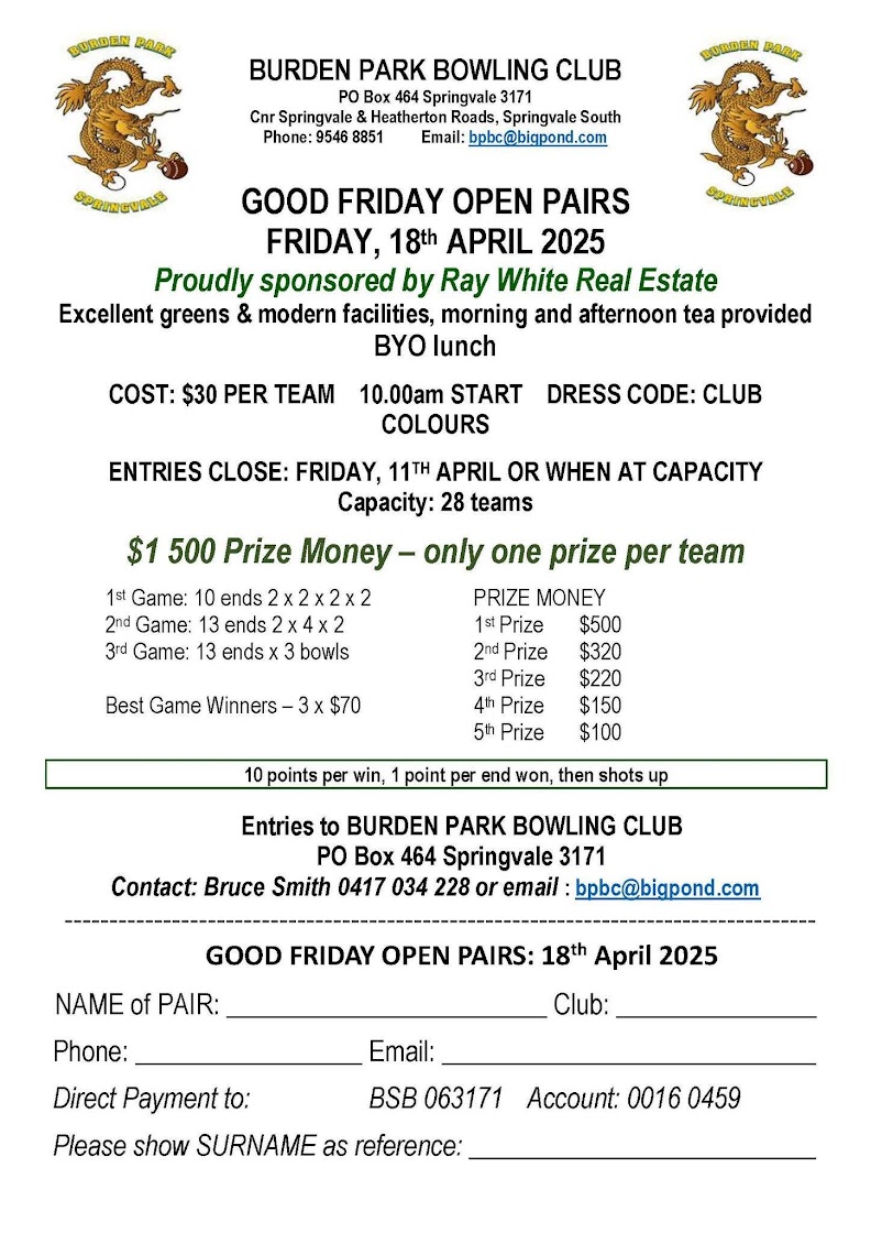 Good Friday Open Pairs - LawnBowls.com